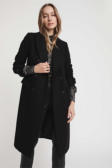 Black Wool Blend Double Breasted Coat - Women's Trench Coats | Witchery