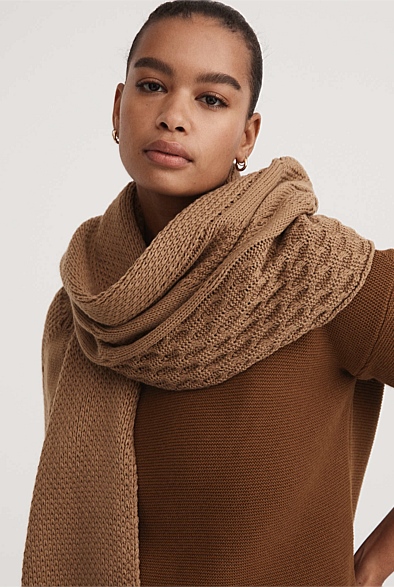 True Camel Patchwork Cable Knit Scarf - Women's Scarves & Wraps | Witchery