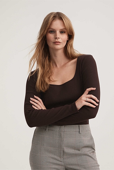 Chocolate Cotton Rib Wide Neck Top - Women's Long Sleeve Tops | Witchery