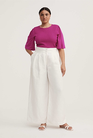 Berry Cotton Shirred Bell Sleeve Top Womens Short Sleeve Tops Witchery