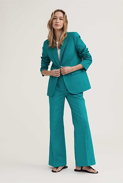 Gem Green Cotton Linen Single-Breasted Blazer - Women's Blazers | Witchery