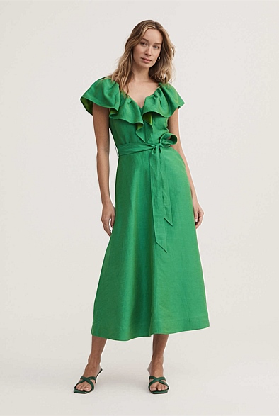True Green Ruffle Front Midi Dress - Women's A Line Dresses | Witchery