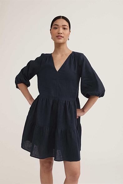 Blue Night Linen Tiered Trapeze Dress - Women's A Line Dresses | Witchery