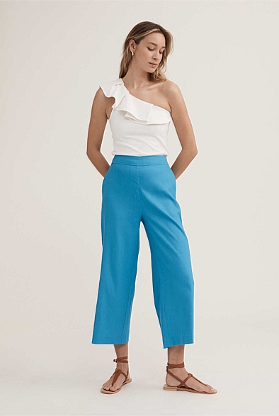 Cyan Stretch Linen Blend Pant - Women's High Waisted Pants | Witchery