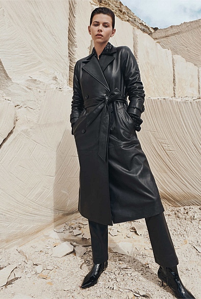 Black Leather Double Breasted Coat - Women's Trench Coats | Witchery