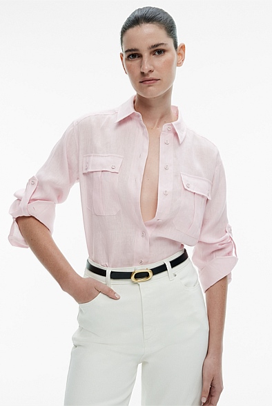 Soft Pink French Linen Pocket Detail Shirt - Women's Linen Shirts ...