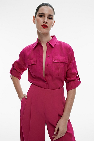Dahlia Pink French Linen Pocket Detail Shirt - Women's Linen Shirts ...