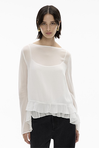 Fresh White Long Sleeve Ruffle Hem Shirt - Women's Long Sleeve Tops ...