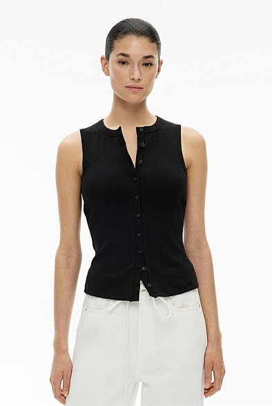 Black Button Longline Tank - Women's Sleeveless Tops | Witchery