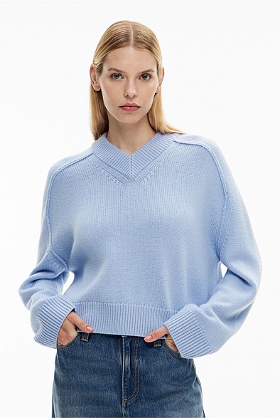 Cornflower Blue High V Neck Knit Jumper - Women's Sweaters | Witchery