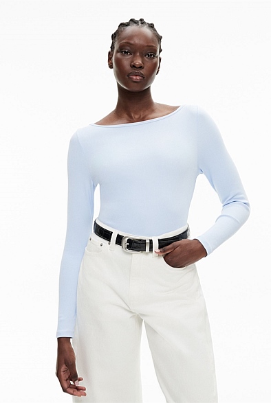 Sky Rib Boat Neck Top - Women's Long Sleeve Tops | Witchery