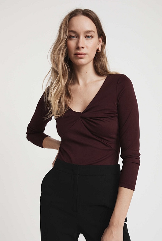 Burgundy Knot Front Top - Women's Long Sleeve Tops | Witchery