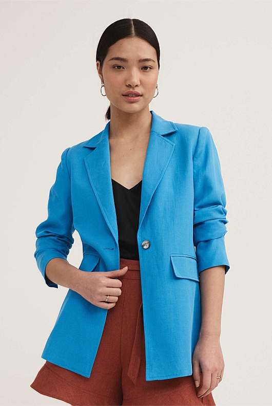 Cyan Linen Blend Long Line Blazer - Women's Blazers | Witchery