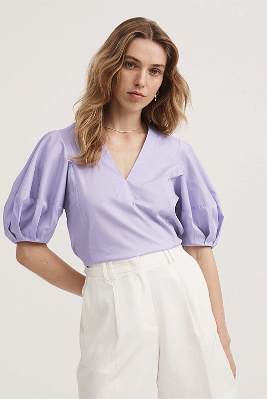 Pale Violet Cotton Poplin Detail Blouse - Women's Puff Sleeve Shirts ...