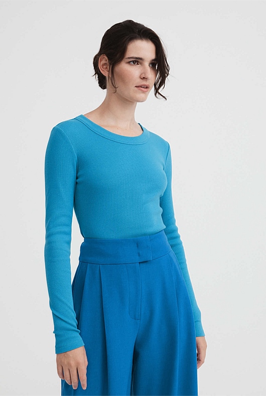 Bright Blue Long Sleeve Rib Top - Women's Long Sleeve Tops | Witchery