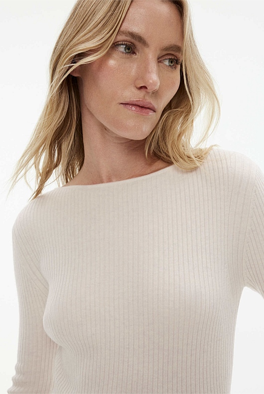 Milk White Boat Neck Rib Knit - Women's Long Sleeve Tops | Witchery
