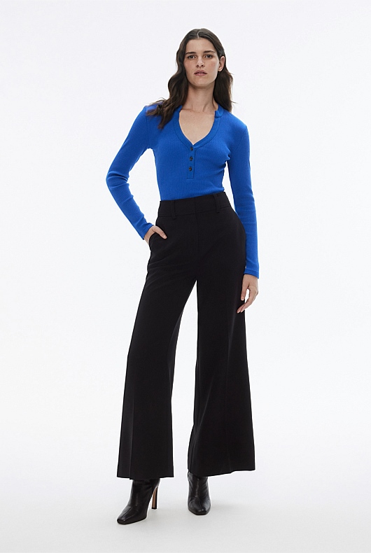Bold Blue Cotton Blend Rib Henley Long Sleeve Top Womens Long Sleeve