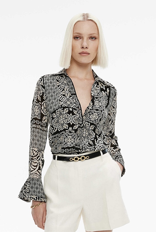 Black Carbon Tile Print Georgette Blouse - Women's Evening Shirts ...