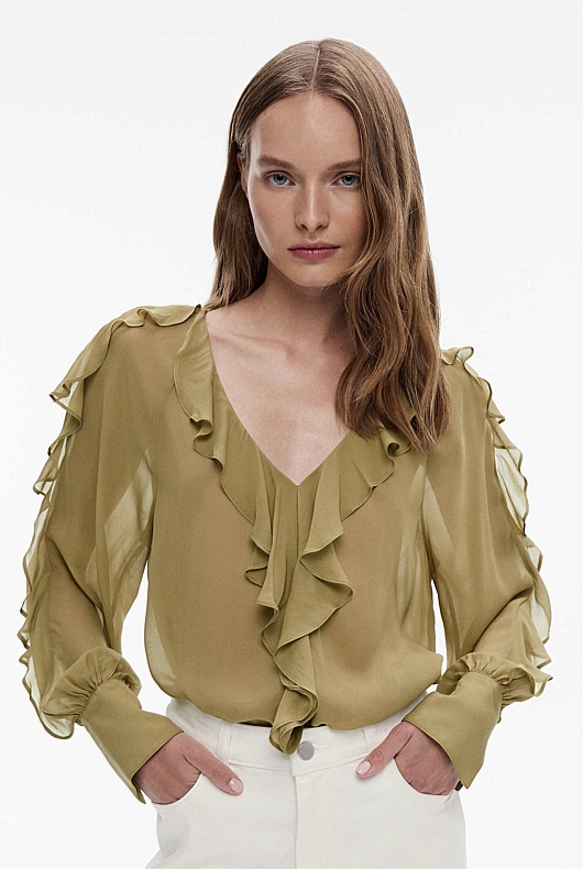 Army Green Ruffle Sleeve Blouse - Women's Long Sleeve Shirts | Witchery