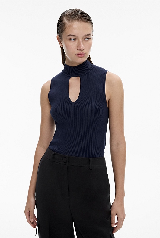 Strong Blue Keyhole Knit Tank - Women's High Neck Tops | Witchery