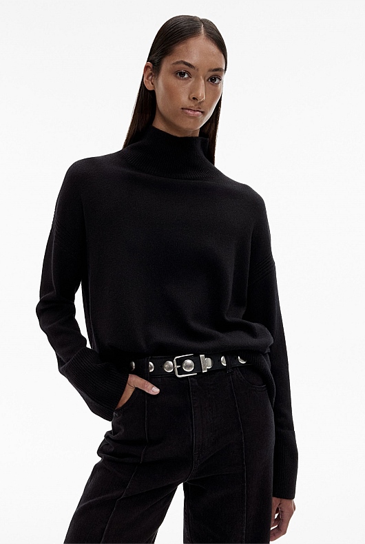 Black Wool High Neck Knit - Women's Turtleneck Jumpers | Witchery