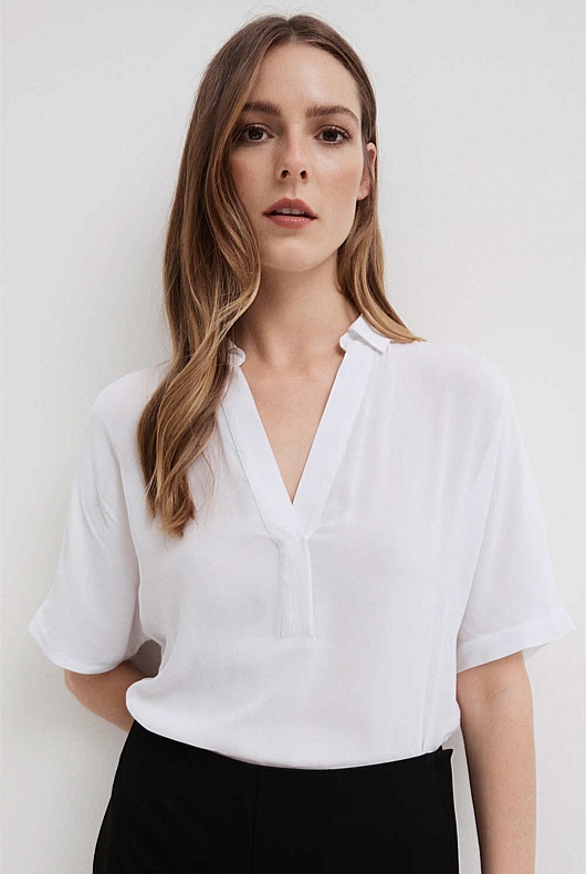 Milk White Polo Woven Splice Top - Women's Natural Fibres | Witchery
