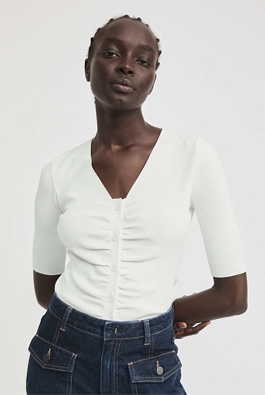 Chalk Gather Front Knit - Women's Short Sleeve Tops | Witchery