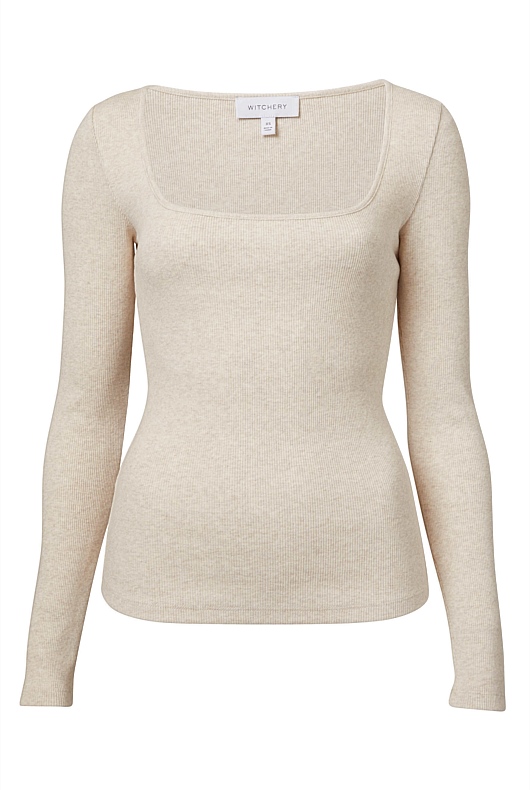 Oatmeal Marle Cotton Rib Wide Neck Top - Women's Long Sleeve Tops ...