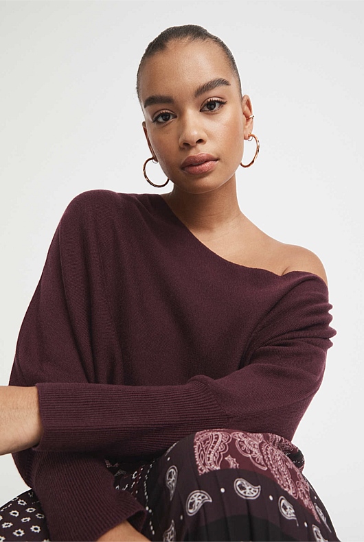 Burgundy One Shoulder Knit Womens Sweaters Witchery