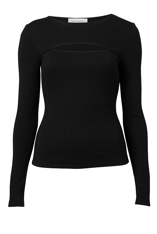 Black Cotton Rib Split Top - Women's Long Sleeve Tops | Witchery