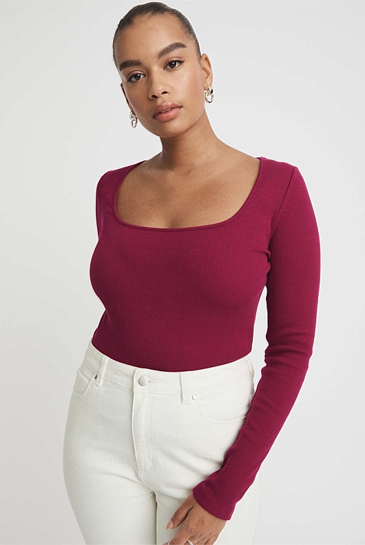 Rhubarb Cotton Rib Wide Neck Top - Women's Long Sleeve Tops | Witchery