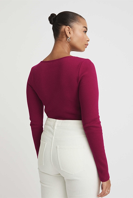 Rhubarb Cotton Rib Wide Neck Top - Women's Long Sleeve Tops | Witchery