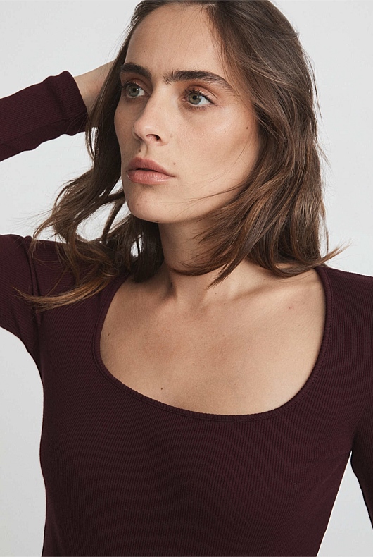 Burgundy Cotton Rib Wide Neck Top - Women's Long Sleeve Tops | Witchery