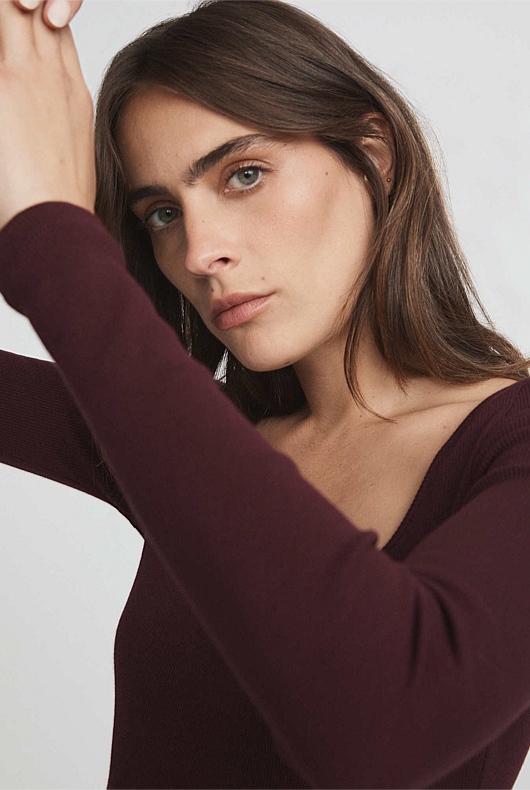 Burgundy Cotton Rib Wide Neck Top - Women's Long Sleeve Tops | Witchery