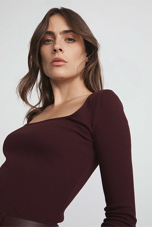 Burgundy Cotton Rib Wide Neck Top Womens Long Sleeve Tops Witchery