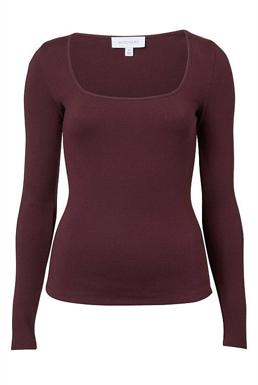 Burgundy Cotton Rib Wide Neck Top - Women's Long Sleeve Tops | Witchery