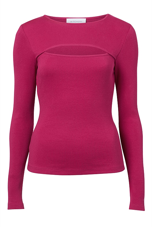 Raspberry Pink Cotton Rib Split Top - Women's Long Sleeve Tops | Witchery