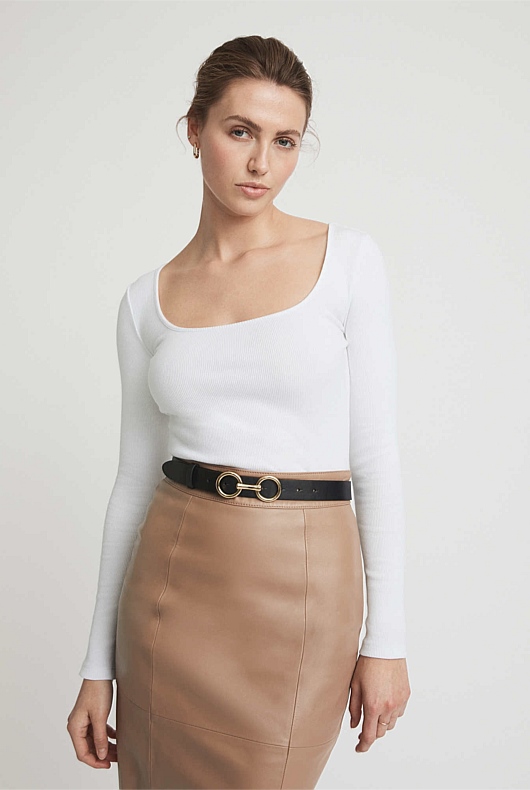 Pure White Cotton Rib Wide Neck Top - Women's Long Sleeve Tops | Witchery