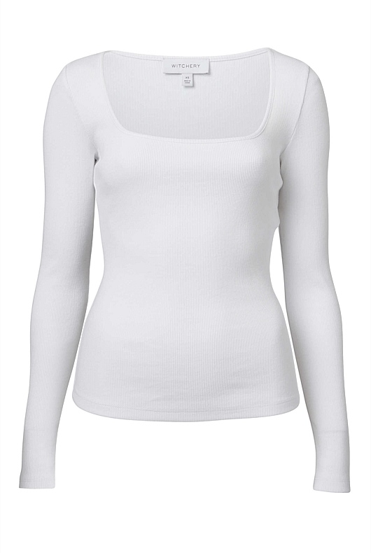 Pure White Cotton Rib Wide Neck Top - Women's Long Sleeve Tops | Witchery