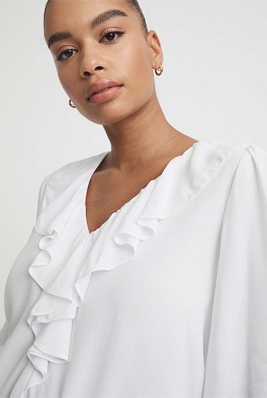 Pure White Viscose Ruffle Front Blouse - Women's Long Sleeve Shirts ...