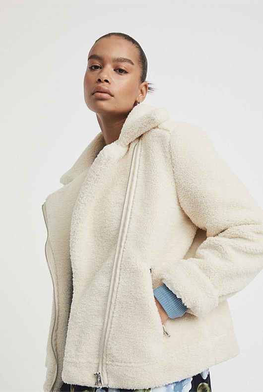 Winter White Shearling Aviator Jacket - Women's Jackets & Coats | Witchery