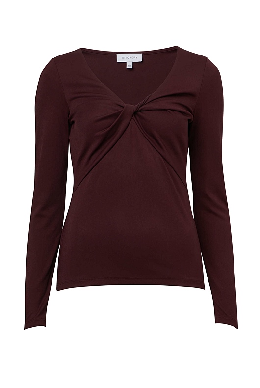 Burgundy Knot Front Top - Women's Long Sleeve Tops | Witchery