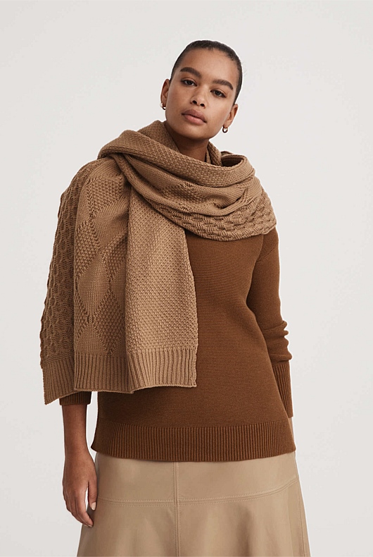 True Camel Patchwork Cable Knit Scarf - Women's Scarves & Wraps | Witchery