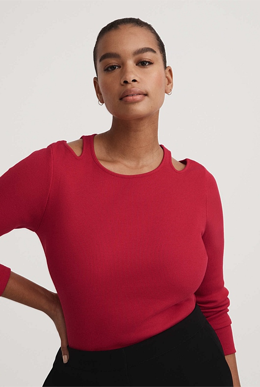 Cherry Cotton Rib Cut Out Long Sleeve Top - Women's Long Sleeve Tops ...