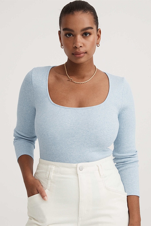 Smoke Blue Cotton Rib Wide Neck Top - Women's Long Sleeve Tops | Witchery