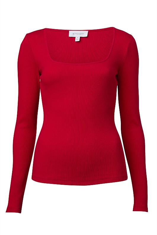Cherry Cotton Rib Wide Neck Top - Women's Long Sleeve Tops | Witchery