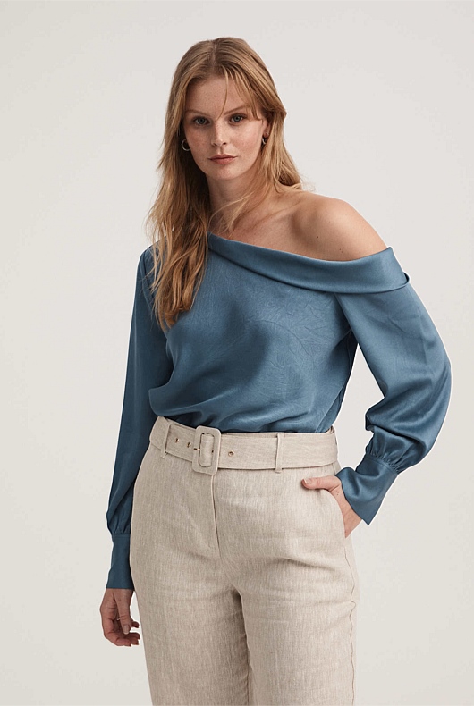 Industrial Blue Off Shoulder Blouse - Women's Evening Shirts | Witchery