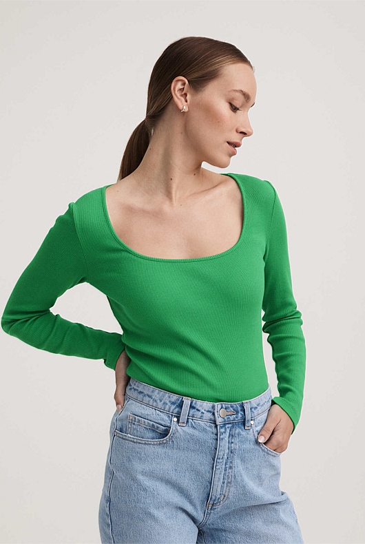 Luminous Green Cotton Rib Wide Neck Top - Women's Long Sleeve Tops ...