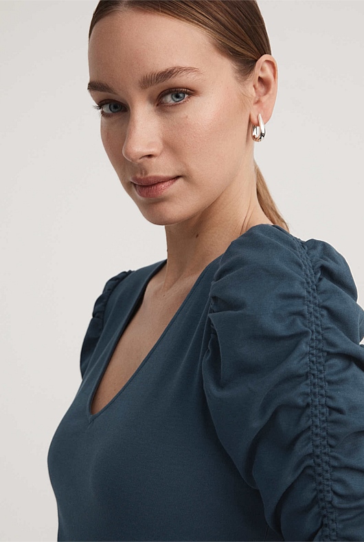 Academy Blue Cotton Gathered Sleeve Top - Women's Long Sleeve Tops ...