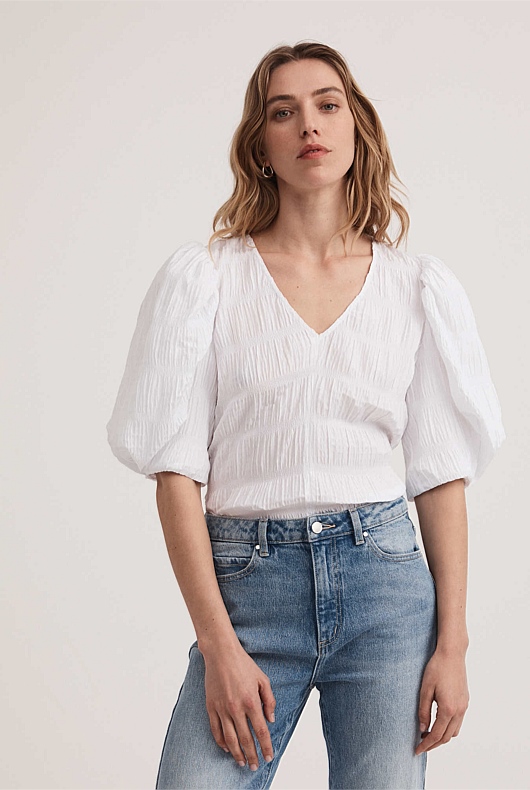 Pure White Seersucker Blouse - Women's Evening Tops | Witchery